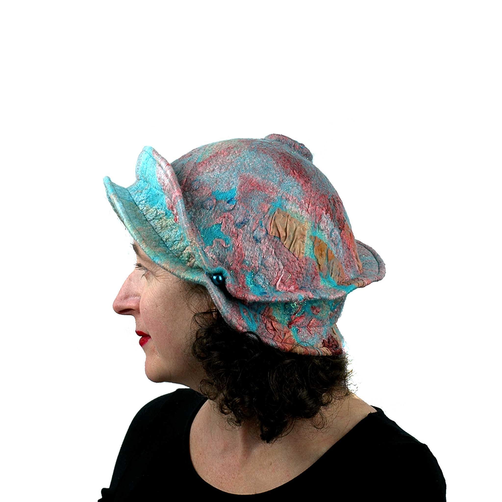 Felted Wearable Art Hat in Coral and Turquoise | FeltHappiness Hats
