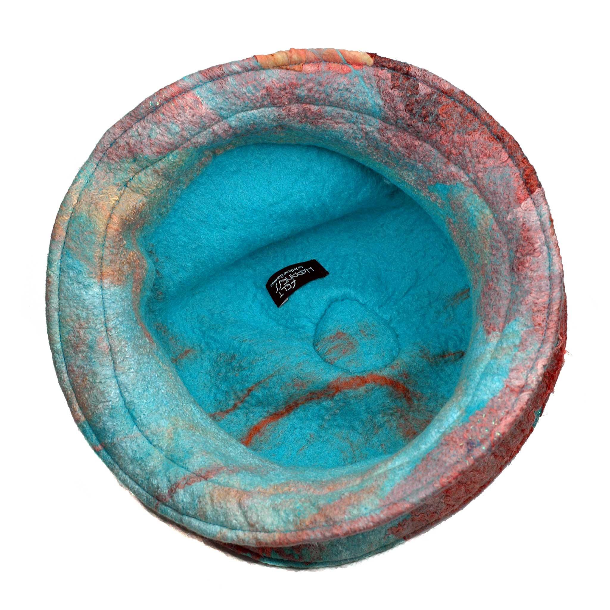 Felted Wearable Art Hat in Coral and Turquoise | FeltHappiness Hats